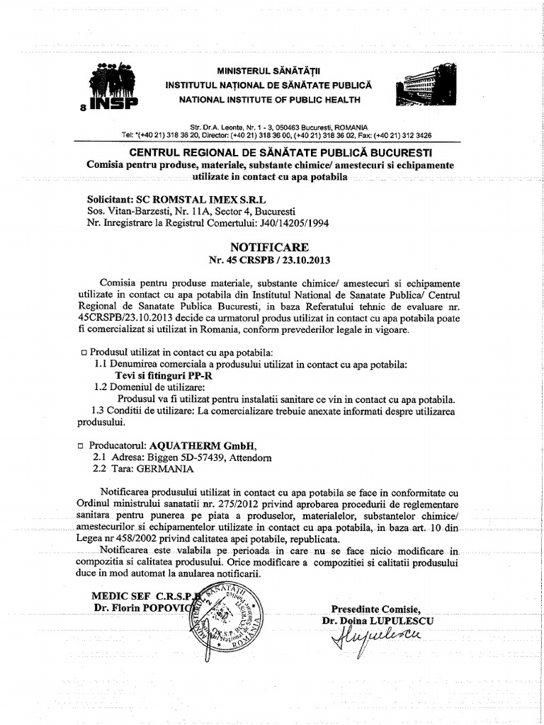 Aviz Sanitar PPR Aquatherm | PDF