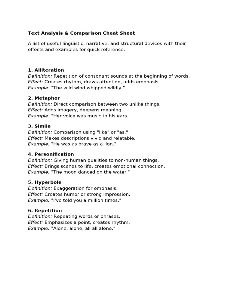 Text Analysis & Comparison Cheat Sheet | PDF | Narration