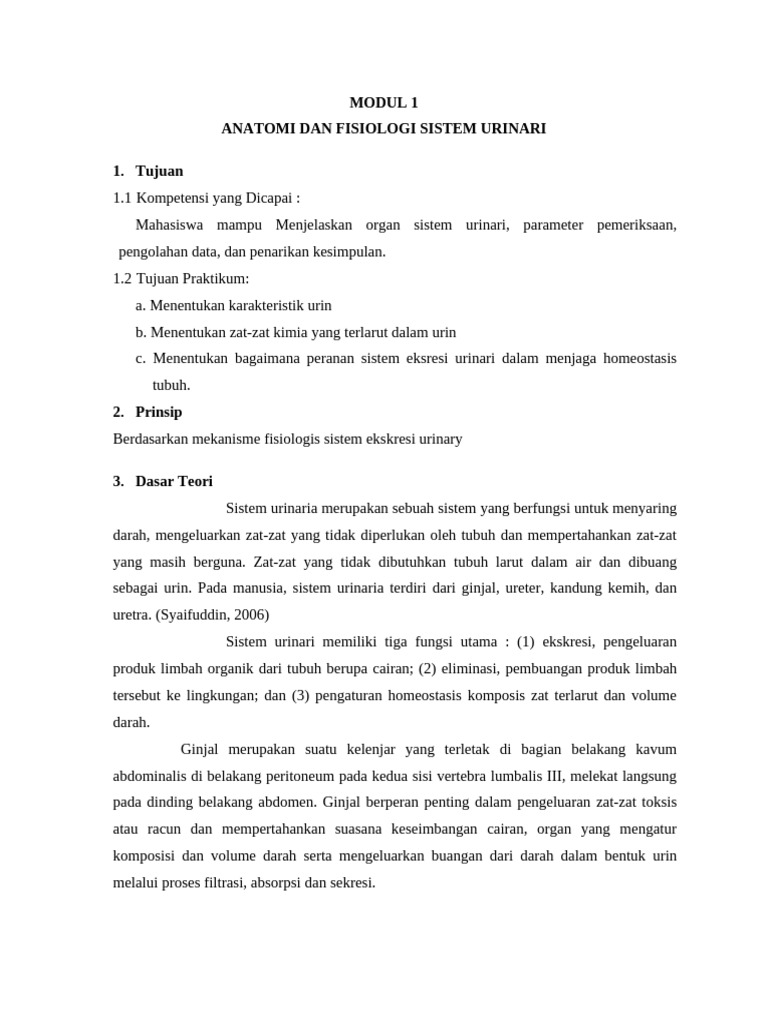 MODUL 1 Sistem Urinary | PDF