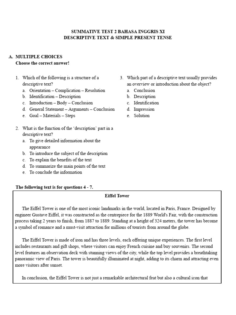 Summative Test 2 Descriptive Text & Simple Present Tense | PDF ...