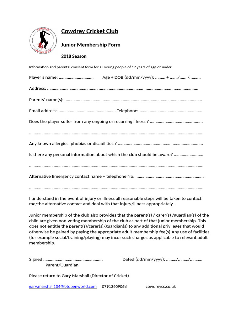 Cowdrey Cricket Club Junior Membership Form 2018 | PDF
