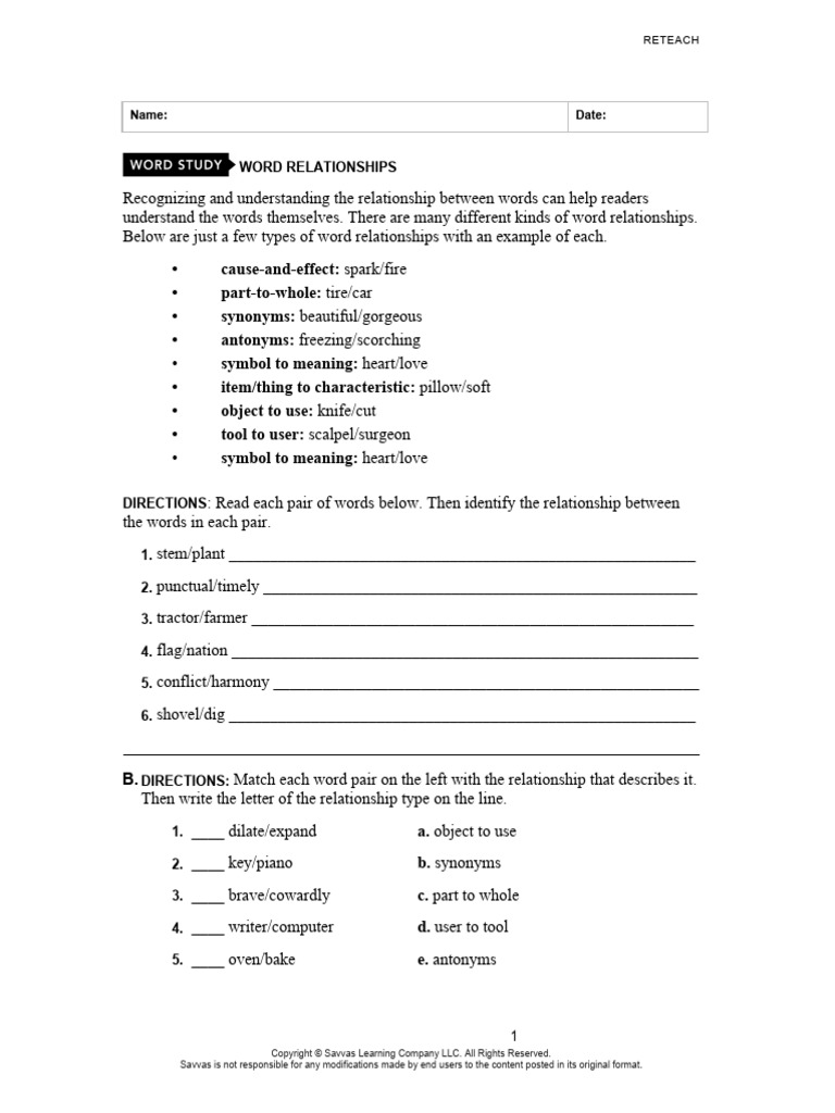Lesson 5: Myperspectives Reteach - Word Relationships Handout | PDF