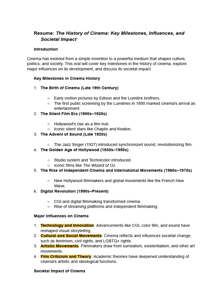 Key Milestones in Cinema History | PDF