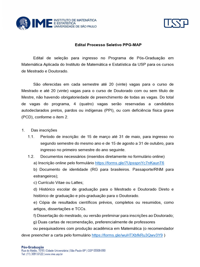 Edital PPG-MAP: Mestrado e Doutorado USP | PDF | Pós-graduação | Mestrado