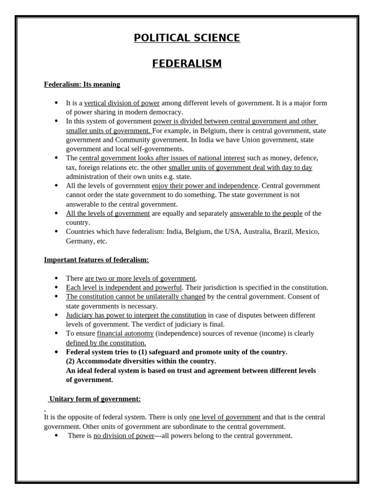 Federalism Study Material | PDF | Federalism | Political Science
