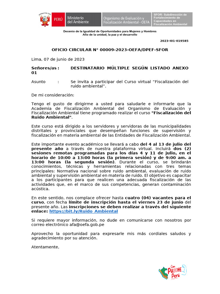 Oficio Circular #00009-2023-Oefa-Dpef-Sfor | PDF | Lima | Sonido