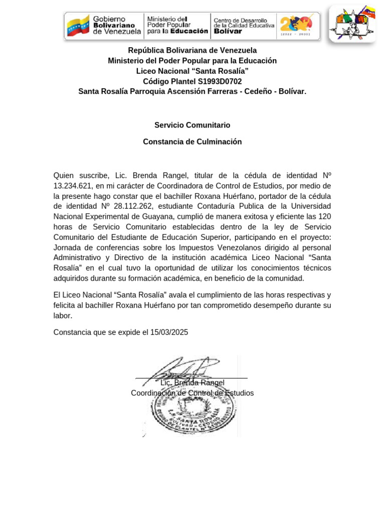 Carta de Culminacion Roxana | PDF