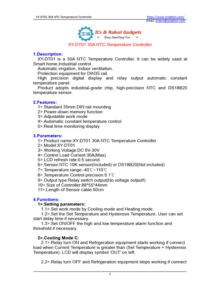 5-XY-DT01 30A NTC Temperature Controller - User - Manual | PDF | Relay | Parameter (Computer ...