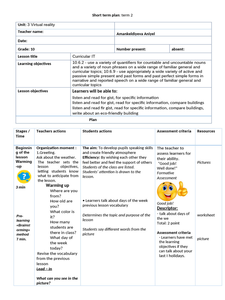 Grade 10 Virtual Reality Lesson Plan | PDF | Virtual Reality | Vocabulary
