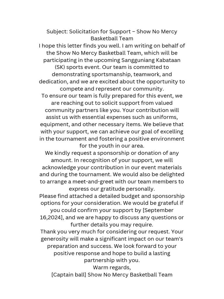 Basketball Sponsorship Solicitation Letter | PDF