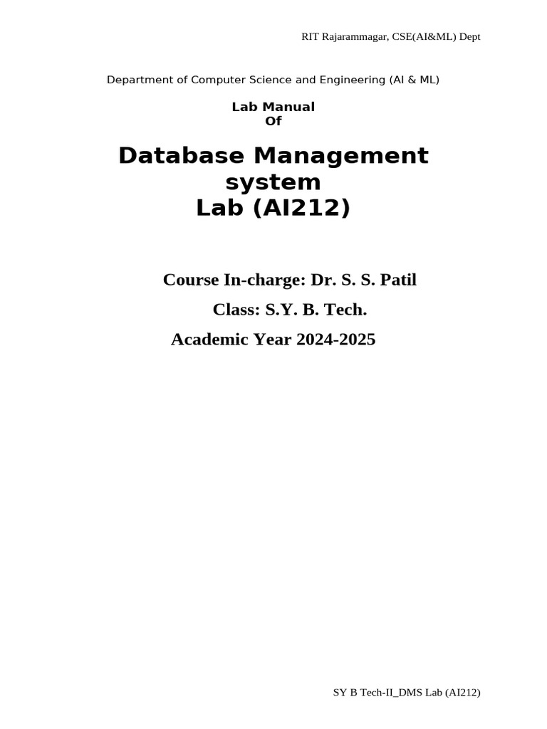 AI212 - DBMS - Lab Manual | PDF | Databases | Data Management