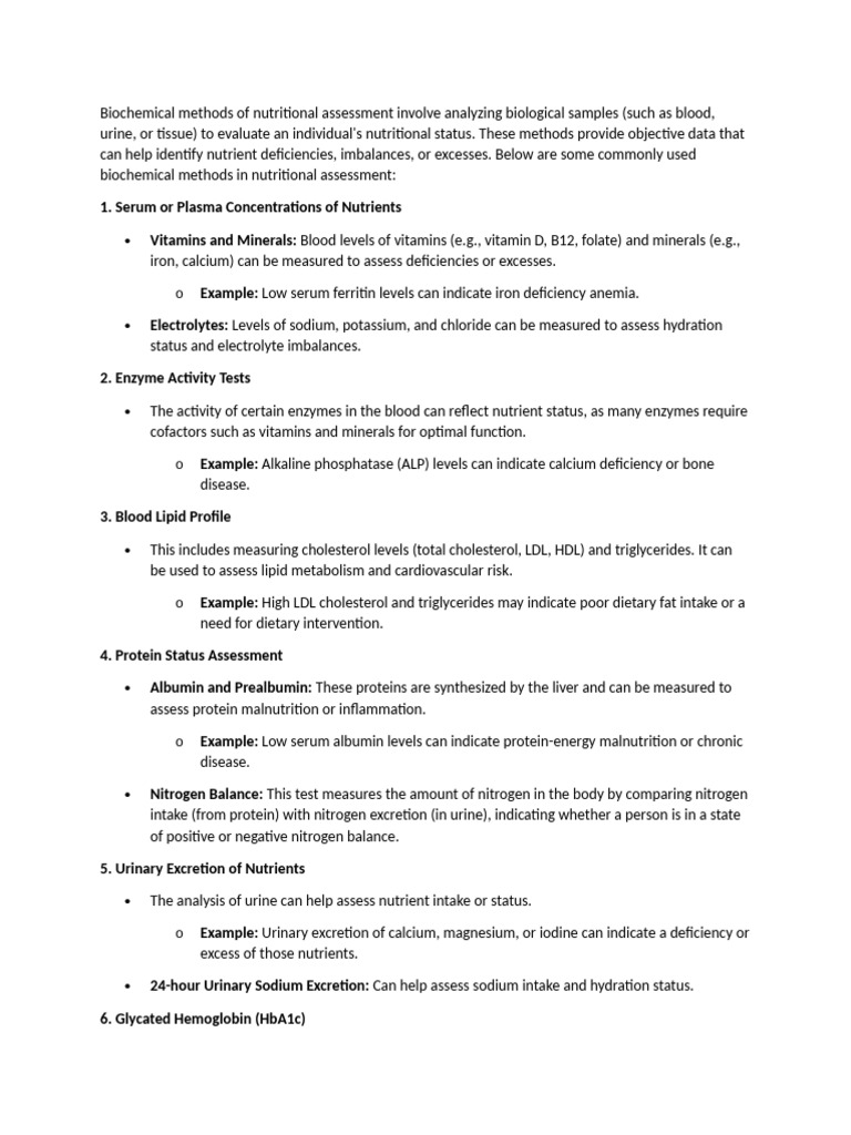 Biochemical Methods of Nutritional Assessment Involve Analyzing ...
