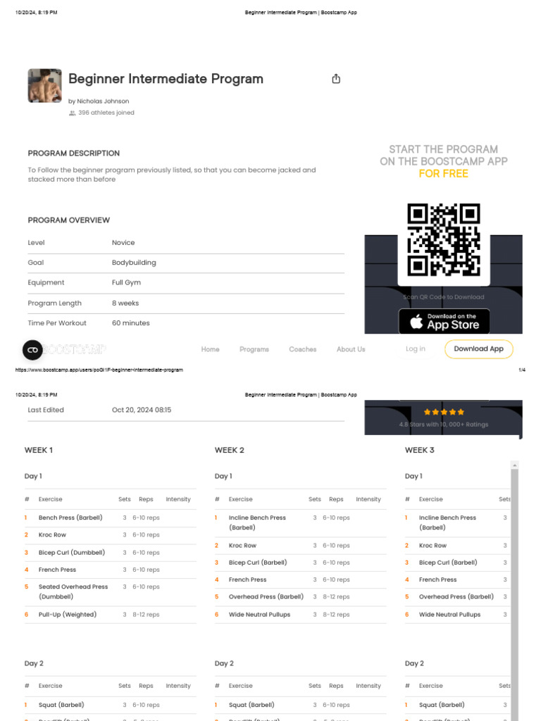 Beginner Intermediate Program - Boostcamp App | PDF | Weight | Weight Training