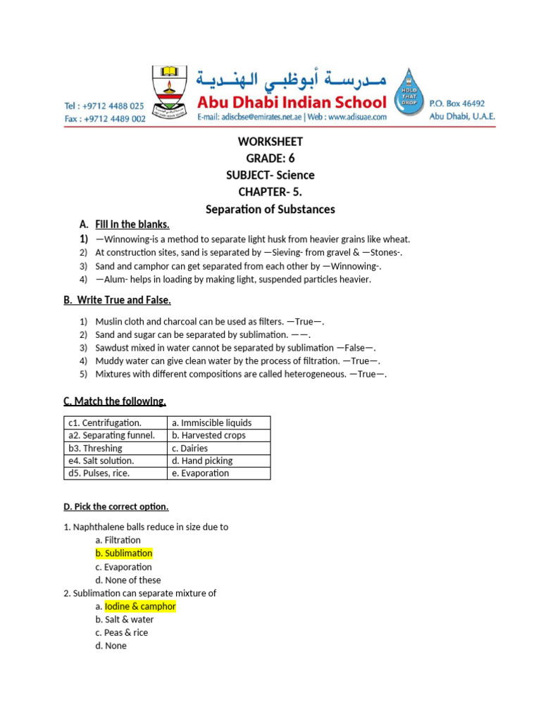 Worksheet - Separation of Substances | PDF | Mixture | Filtration