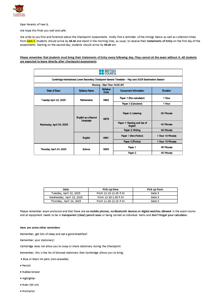 Lower Secondary Checkpoint Assessment Timetables and Online Sessions ...