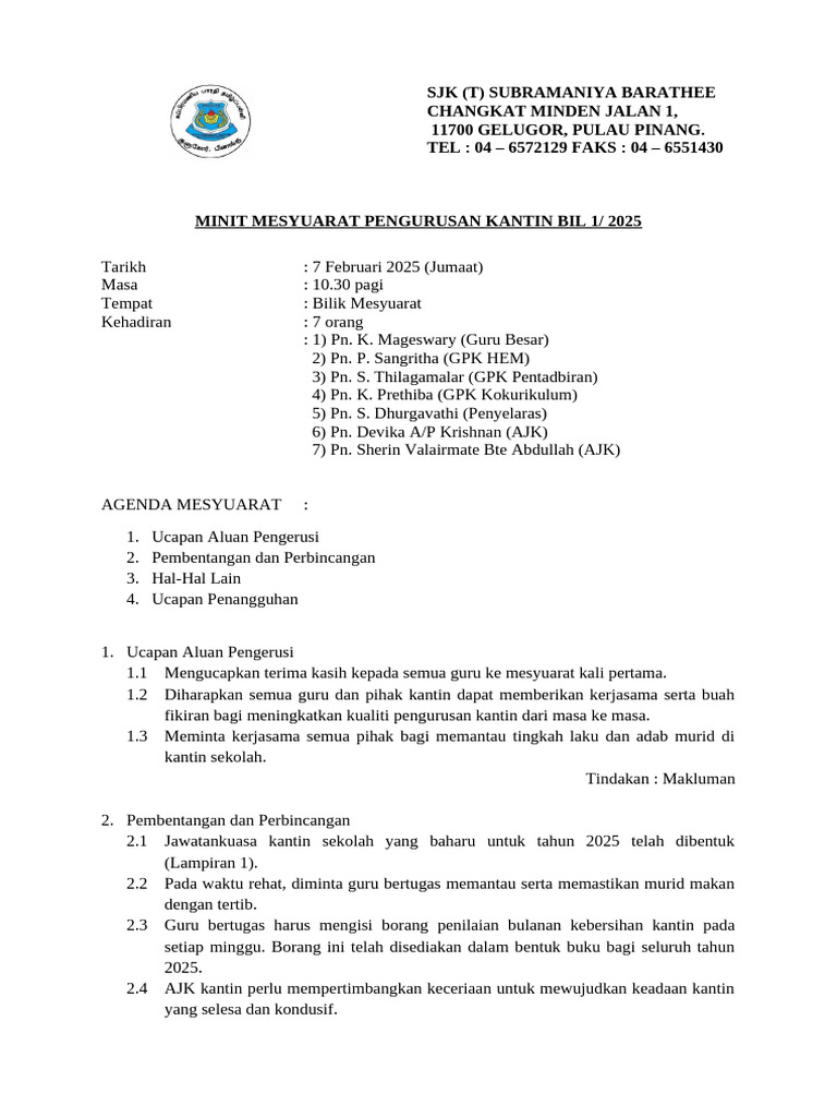 Minit Mesyuarat Pengurusan Kantin Bil 1 | PDF