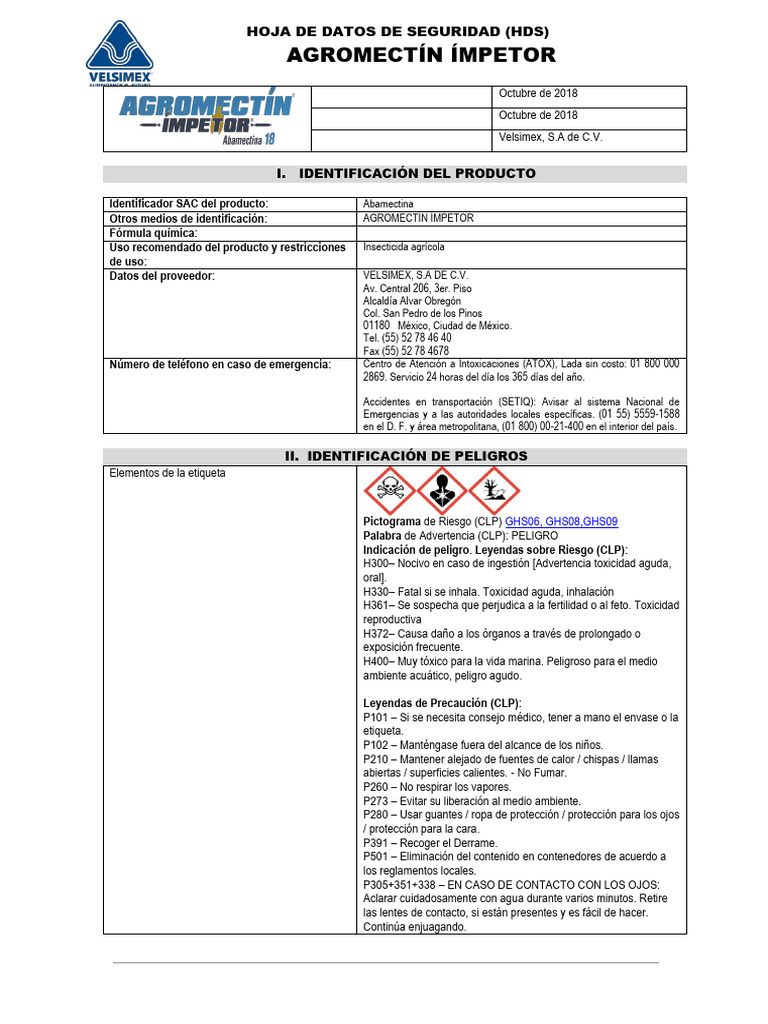 Hoja de Seguridad Agromectín Ímpetor | PDF | Agua | Residuos