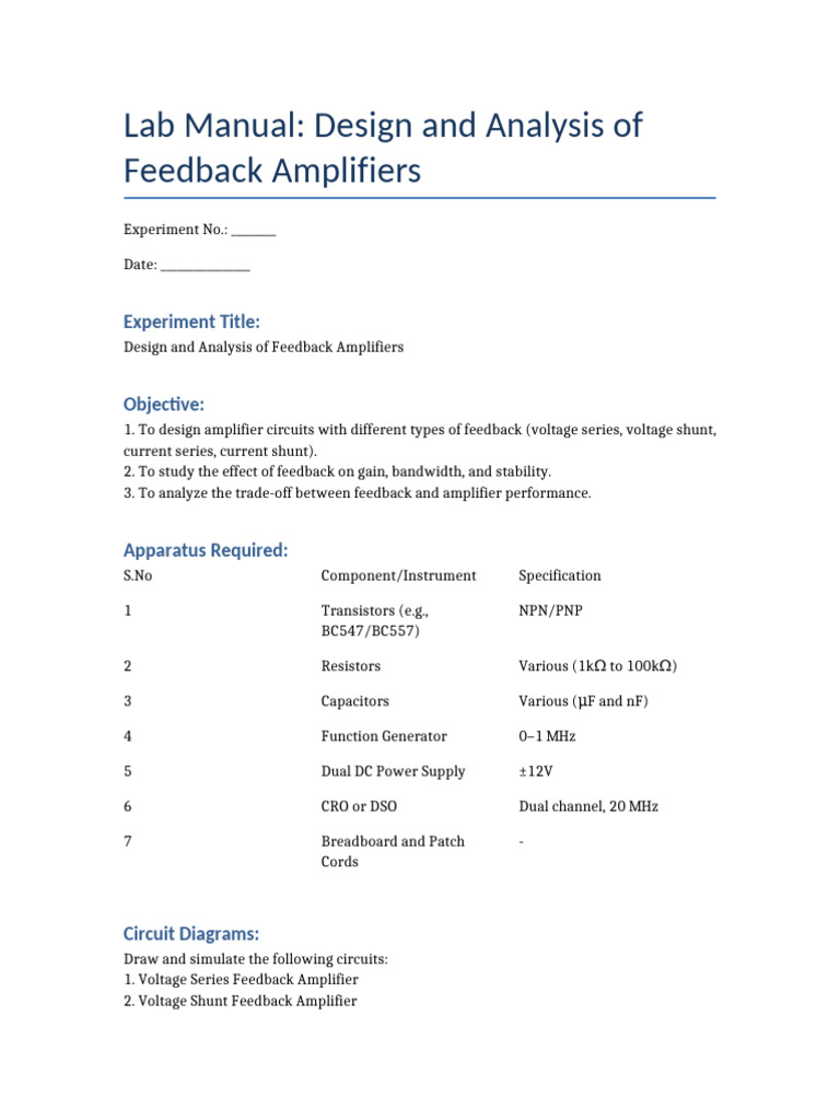 Feedback Amplifier Design Analysis Lab Manual | PDF | Amplifier | Feedback