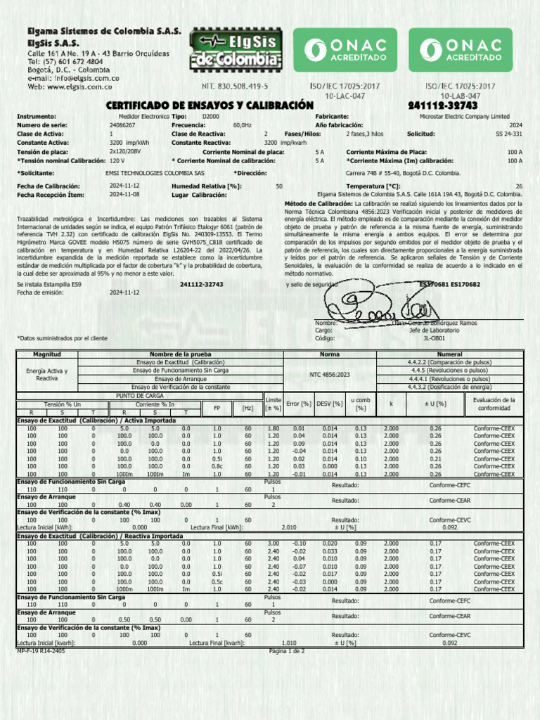 Certificado de Calibracion Medidor 24086267 | PDF | Calibración ...