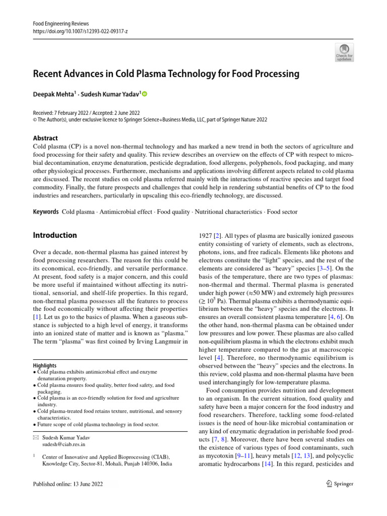 Recent Advances in Cold Plasma Technology For Food ProcessingFood ...