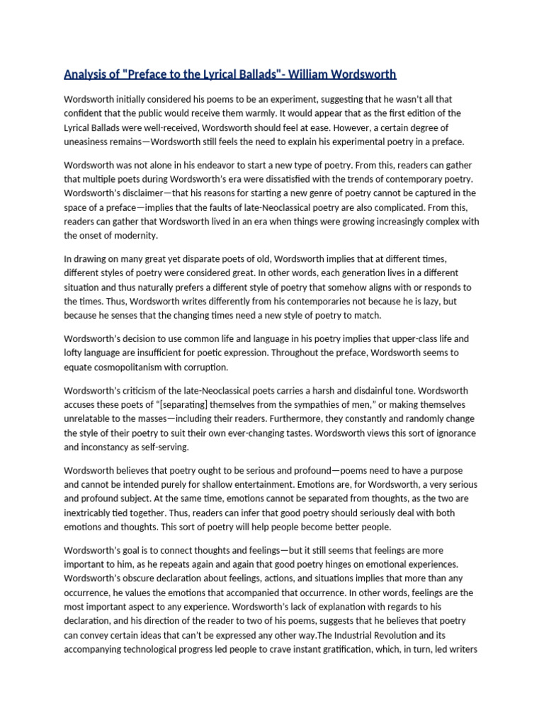 Analysis, Preface To The Lyrical Ballads | PDF | Poetry | William Wordsworth