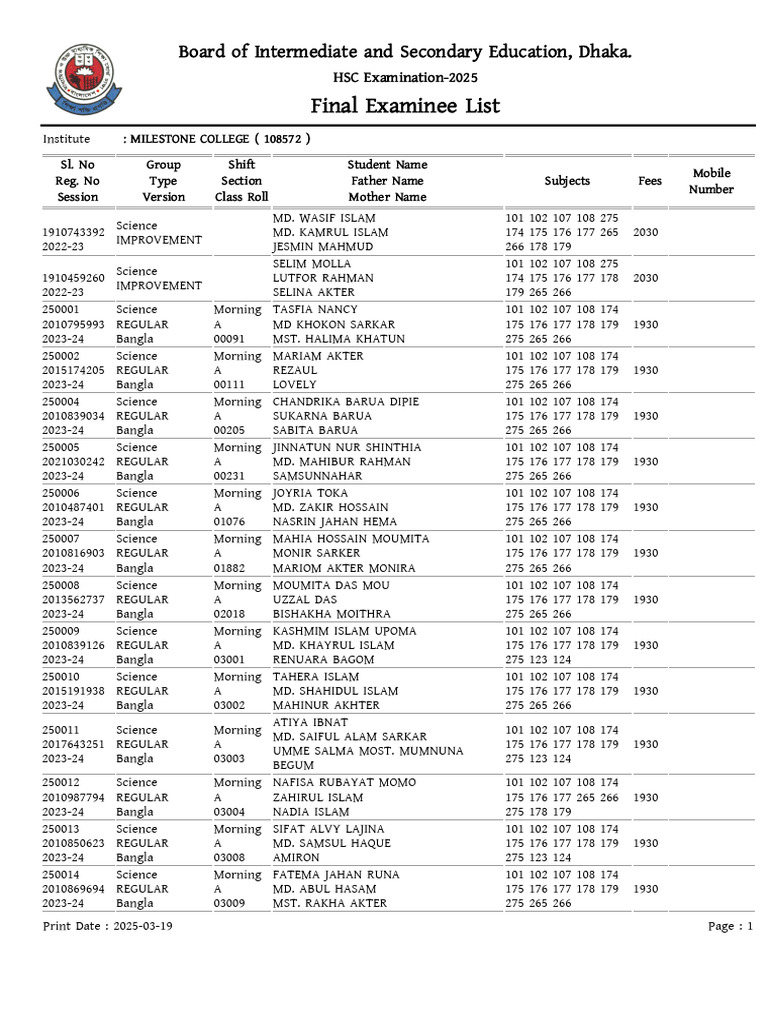 MC - Final Student List (HSC Form Fillup-2025) 19.3.25 | PDF | Bangladesh