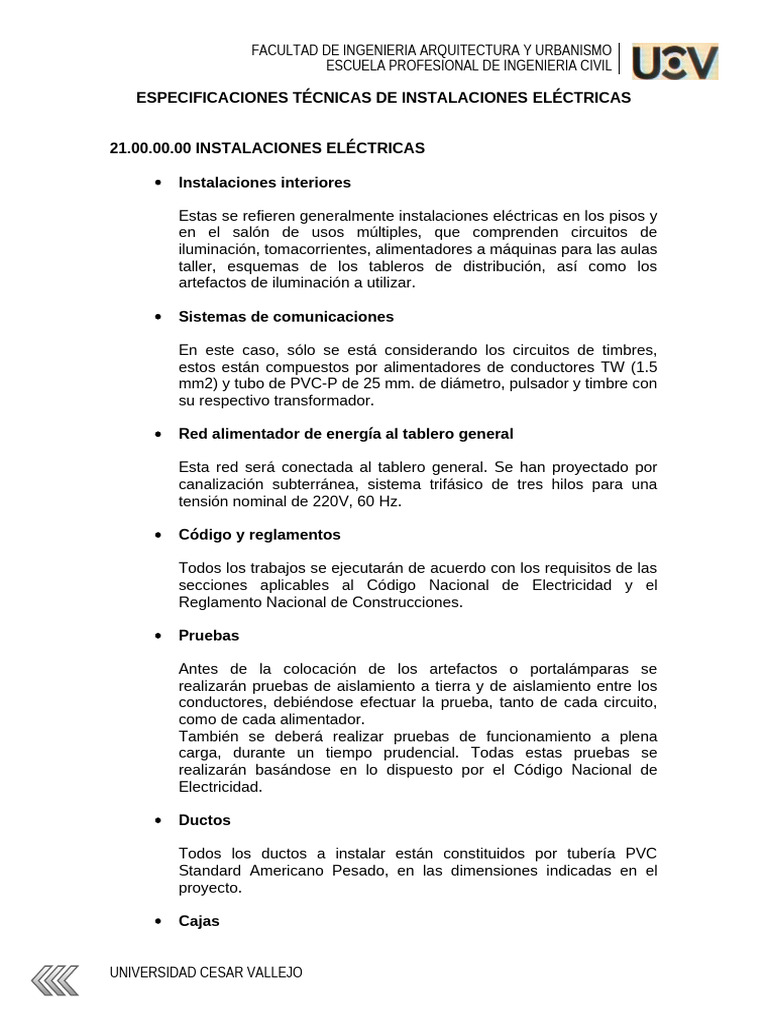 Especificaciones Tecnicas Electricas | PDF | Cableado eléctrico | Conductor electrico