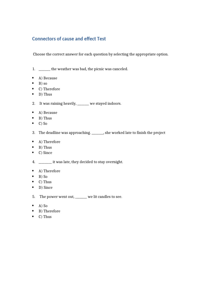 Connectors of Cause and Effect Exercise | PDF