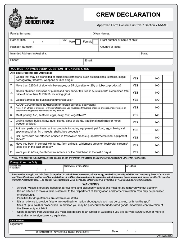 Australian Crew Declaration Form B465 | PDF | Customs