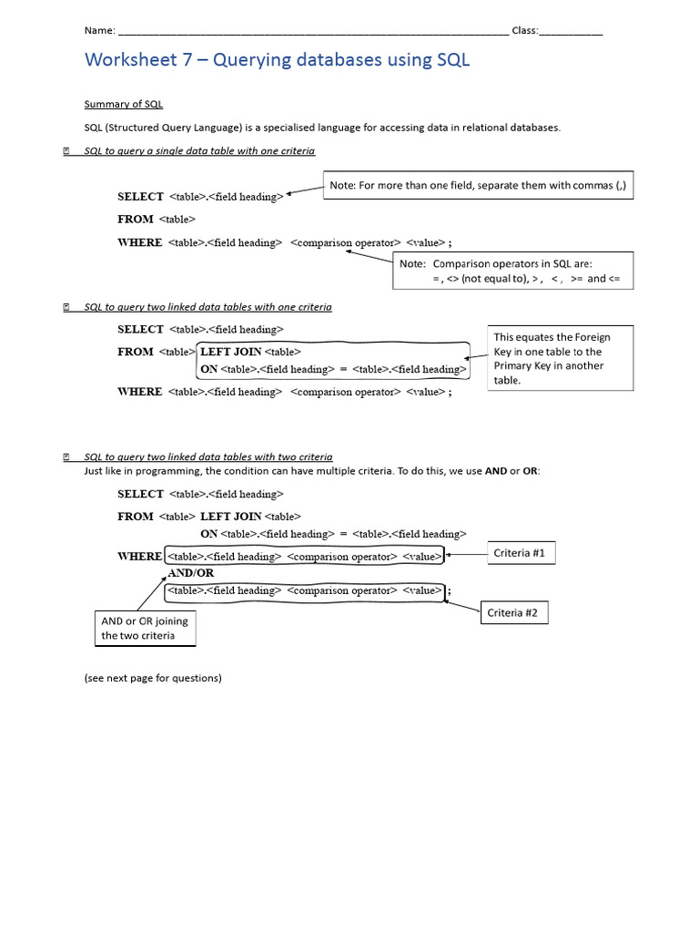 G8 - Managing Data - L03 - Worksheet 7 - ict | PDF | Table (Database) | Sql