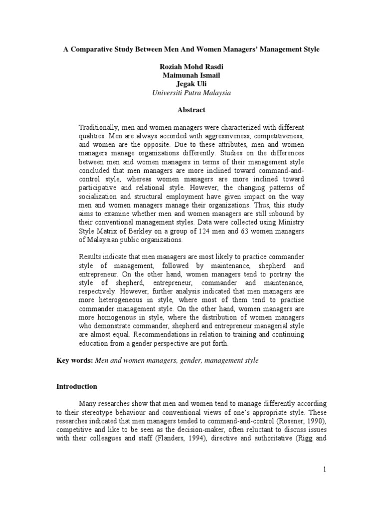 A Comparative Study Between Men and Women Managers Management Style ...