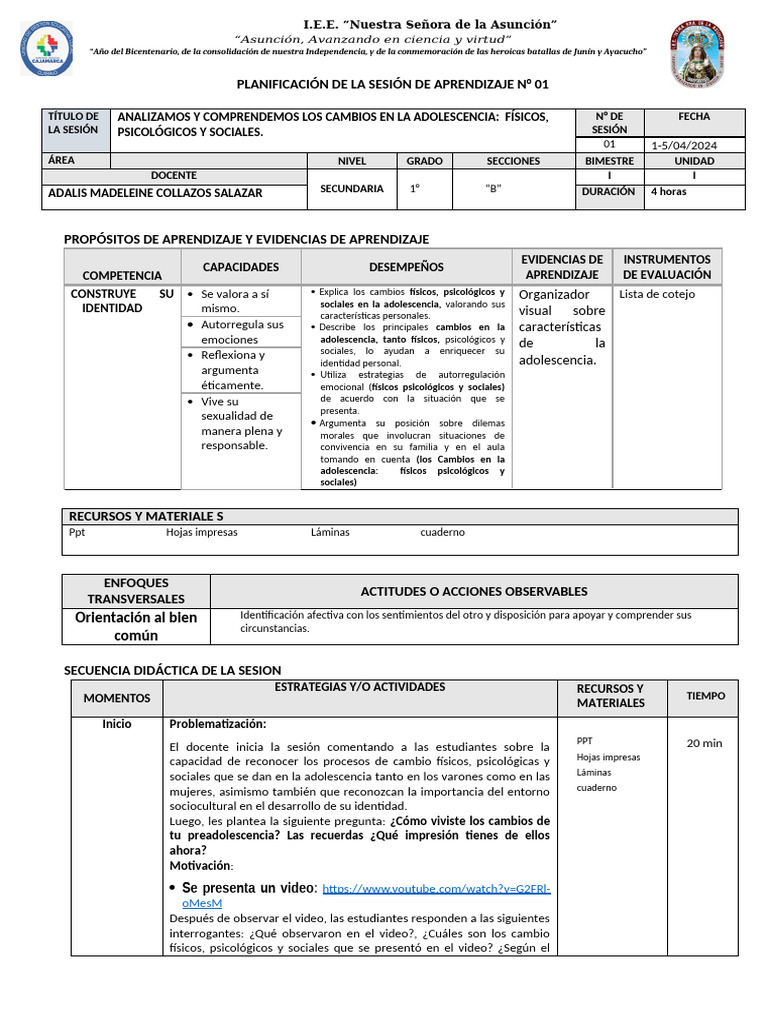 DPCC 1° - SESION DE APRENDIZAJE 1 | PDF | Adolescencia | Sicología