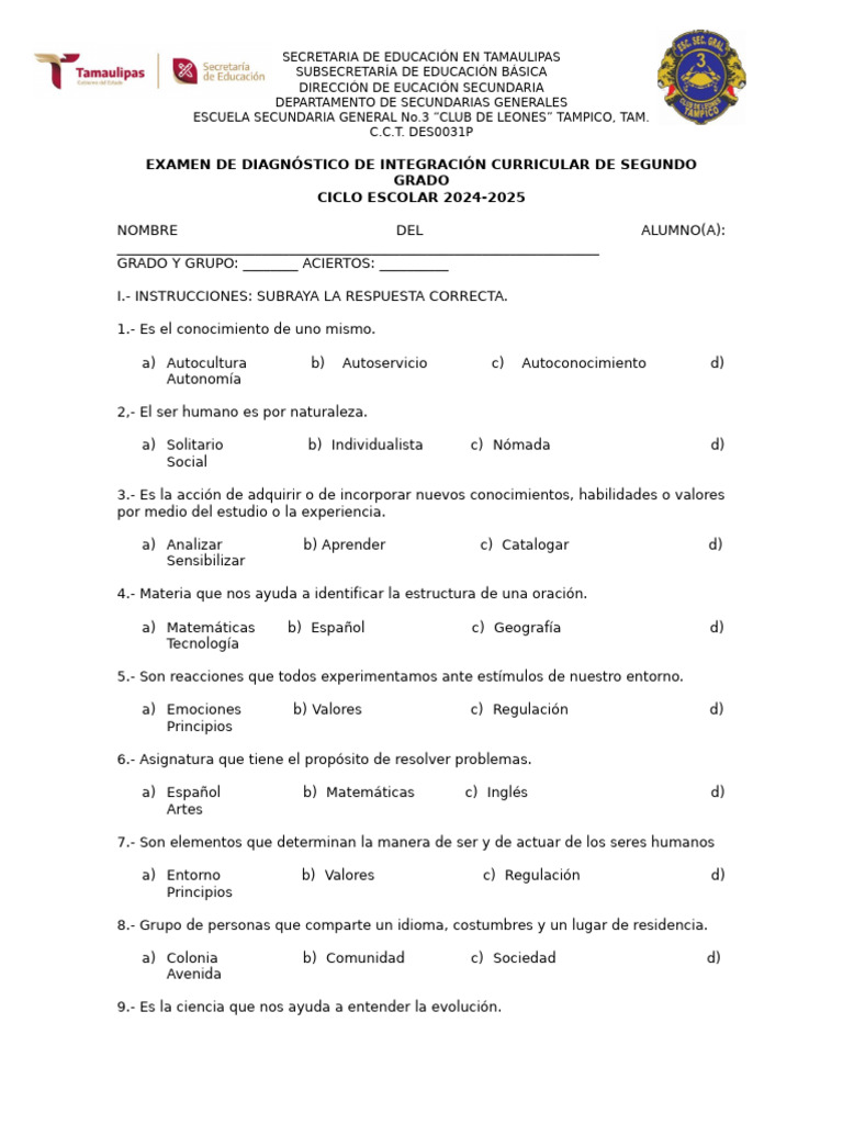Examen Diagnostico Curricular | PDF | Cognición | Aprendizaje
