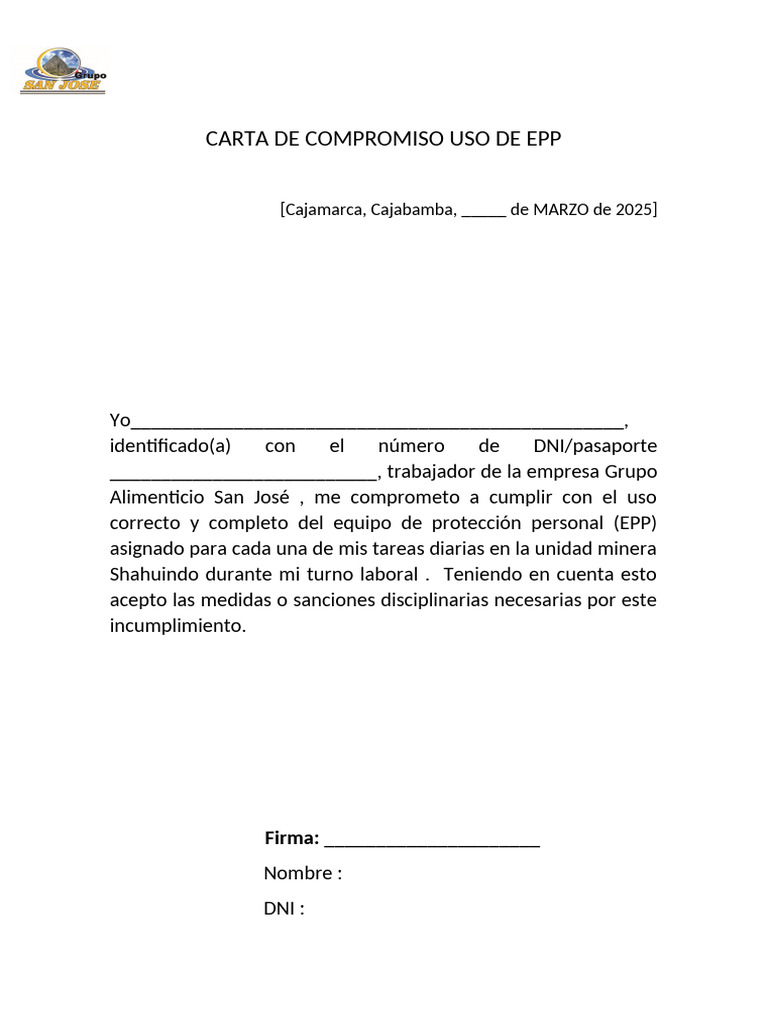 Carta de Compromiso Uso de Epp | PDF