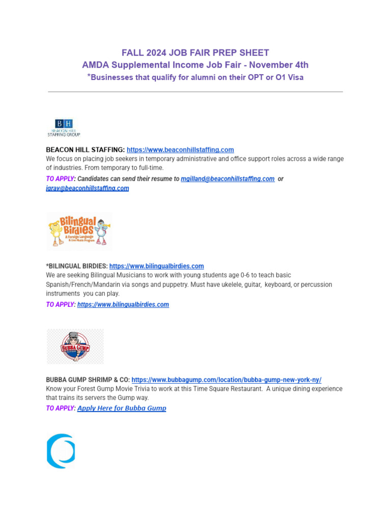 Fall 2024 AMDA Job Fair Opportunities | PDF