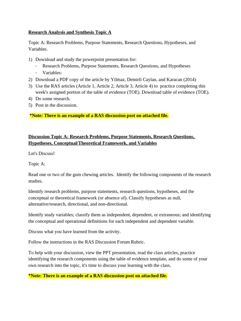 Discussion Topic A Research Problems, Purpose Statements, Research ...