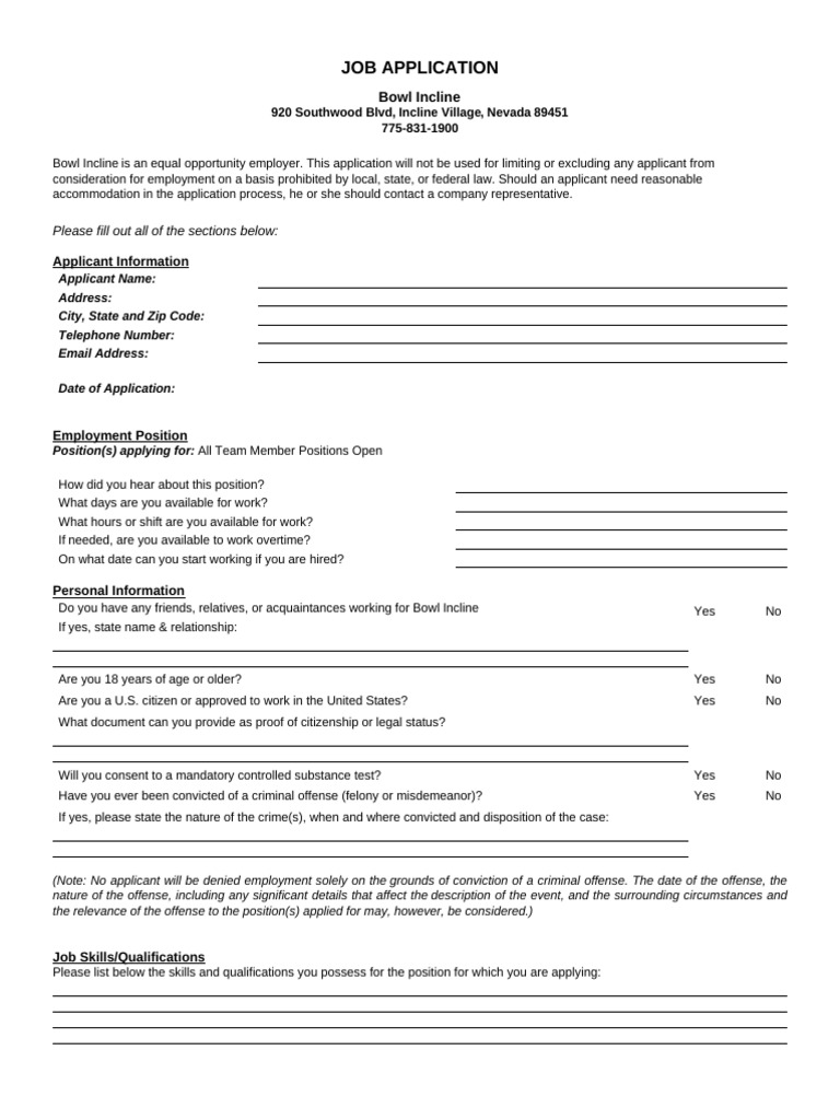 Bowl Incline Job Application Form | PDF | Employment | Crimes