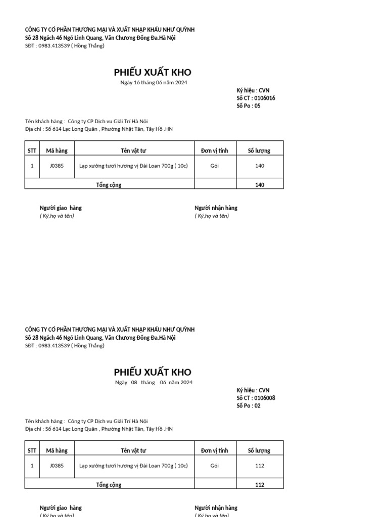 Phiếu Xuát Hàng CVN | PDF