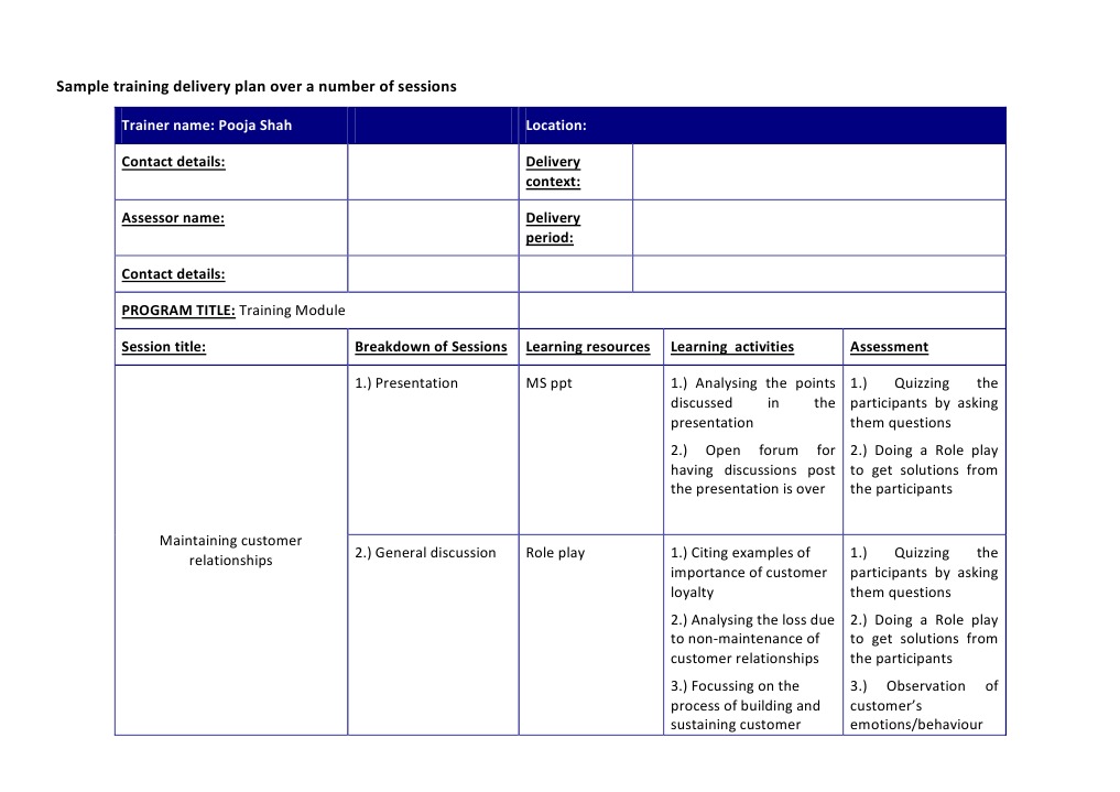 Sample Training Delivery Plan Over A Number of Sessions: Trainer Name ...