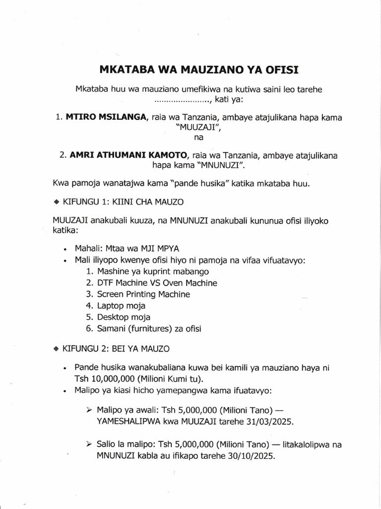 Mkataba Wa Kuuziana Ofisi | PDF