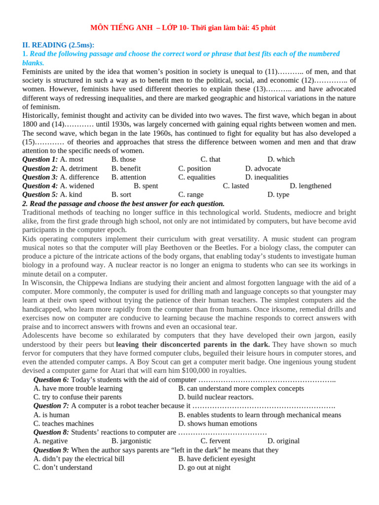English Reading and Writing Test for Grade 10 | PDF | Learning ...