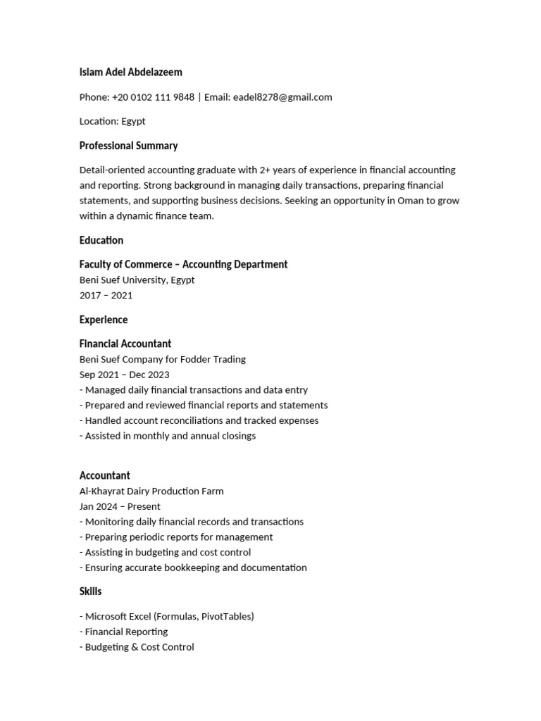 Accounting Graduate Seeking Finance Role in Oman | PDF
