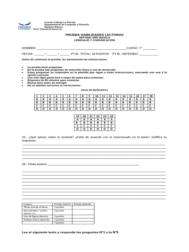 Prueba de Habilidades Lectoras 7° Básico | PDF | Hera
