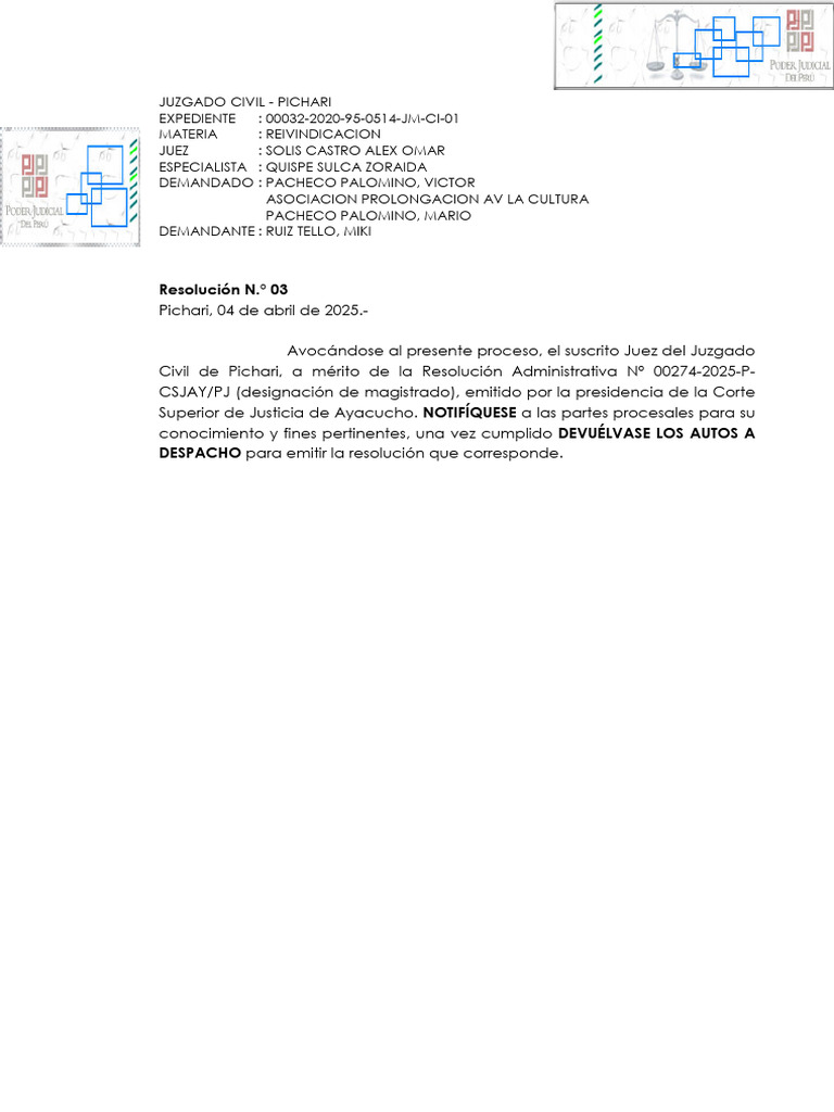 Exp. 00032-2020-95-0514-JM-CI-01 - Resolución - 00615-2025 | PDF