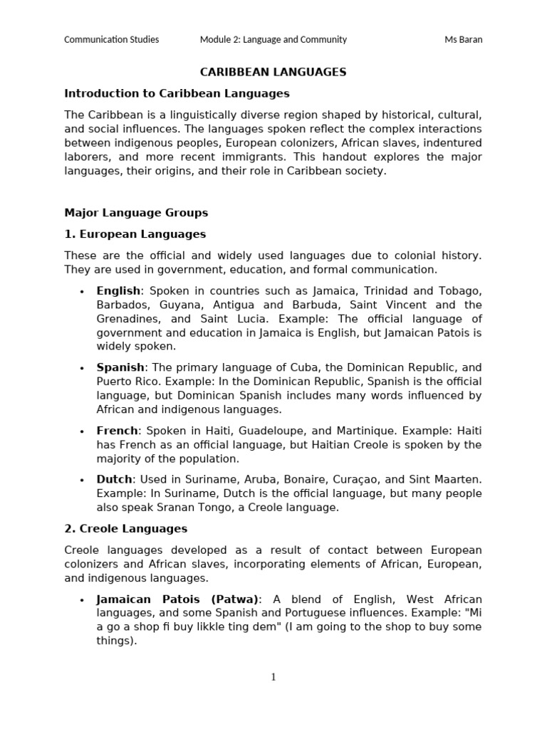 Caribbean Languages Handout | PDF | Linguistics
