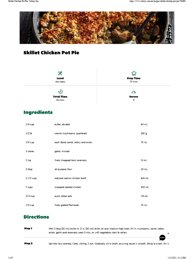 Sobeys Skillet Chicken Pot Pie Recipe | PDF