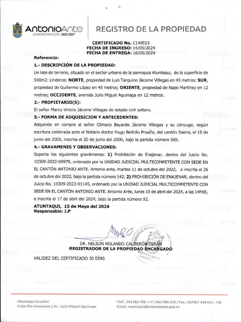 Certificado Registro de La Propiedad Antonio Ante en Una Foja | PDF