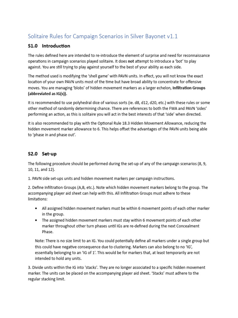 Solitaire Rules For Campaign Scenarios in Silver Bayonet v1 1 | PDF