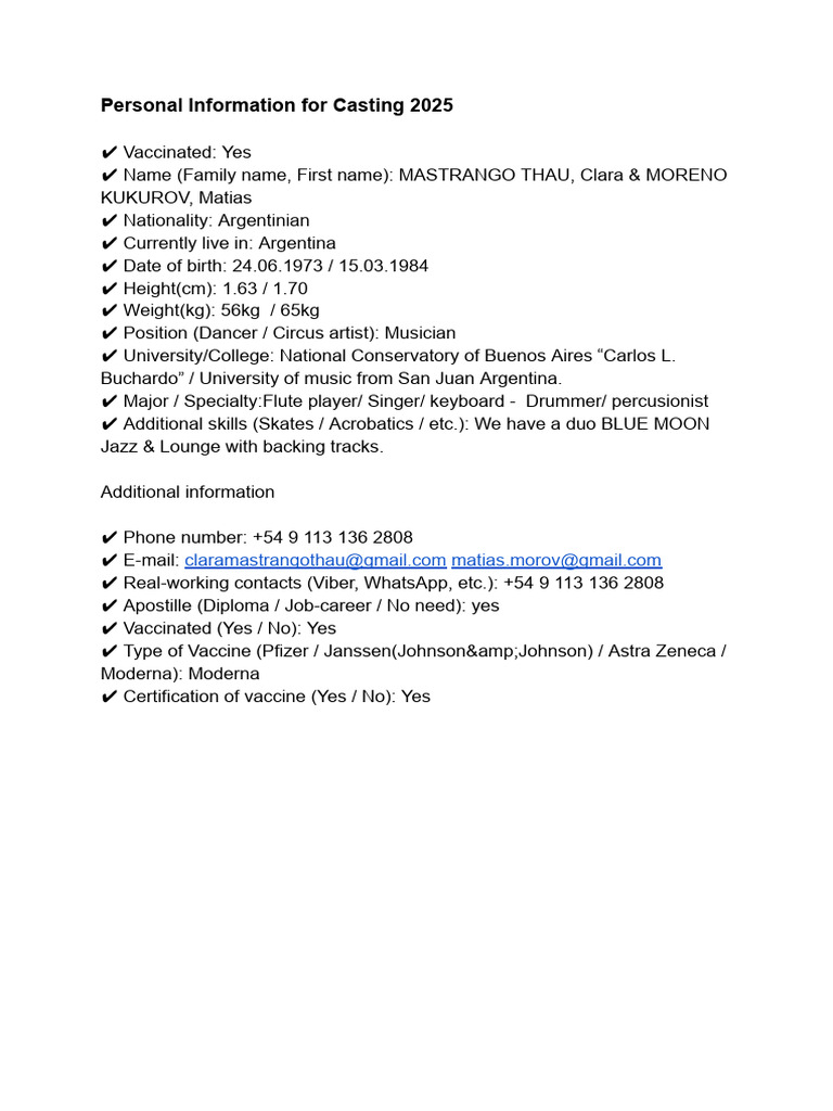 Clara Mastrango Thau Casting Info 2025 | PDF