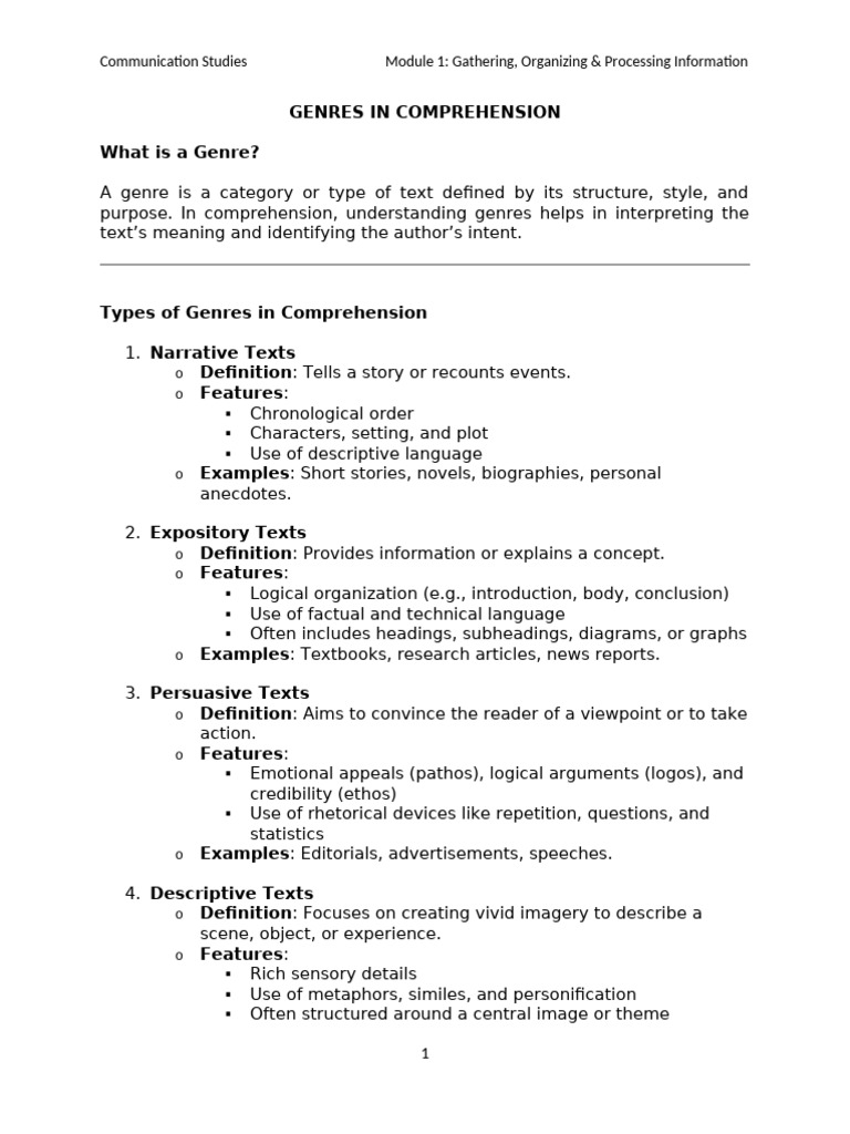 Genres in Comprehension Handout | PDF | Human Communication | Communication